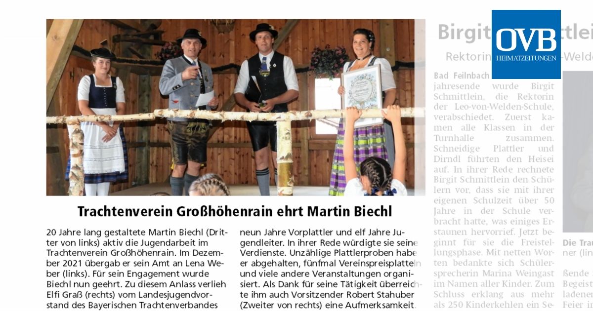 Trachtenverein Großhöhenrain ehrt Martin Biechl - OVB Heimatzeitungen
