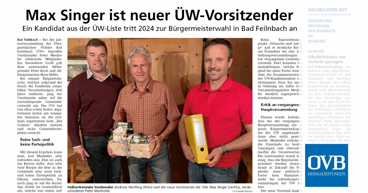 Max Singer ist neuer ÜW-Vorsitzender - OVB Heimatzeitungen