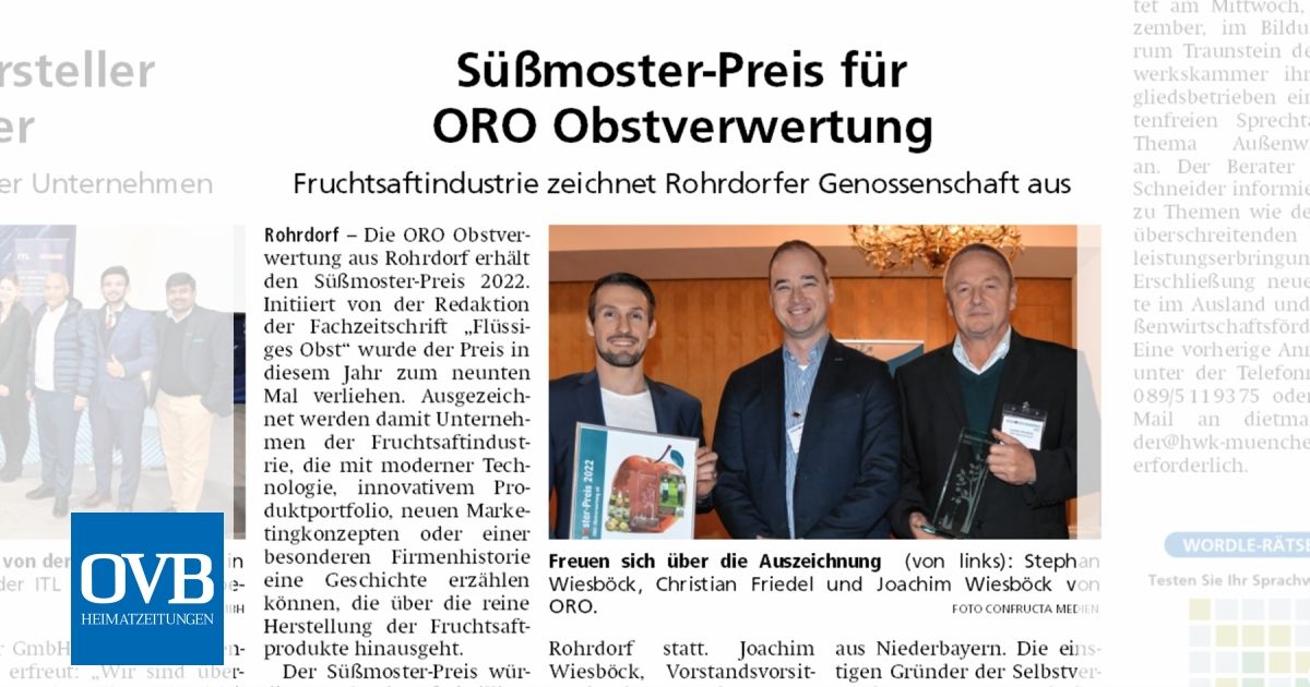 Süßmoster-Preis für ORO Obstverwertung - OVB Heimatzeitungen